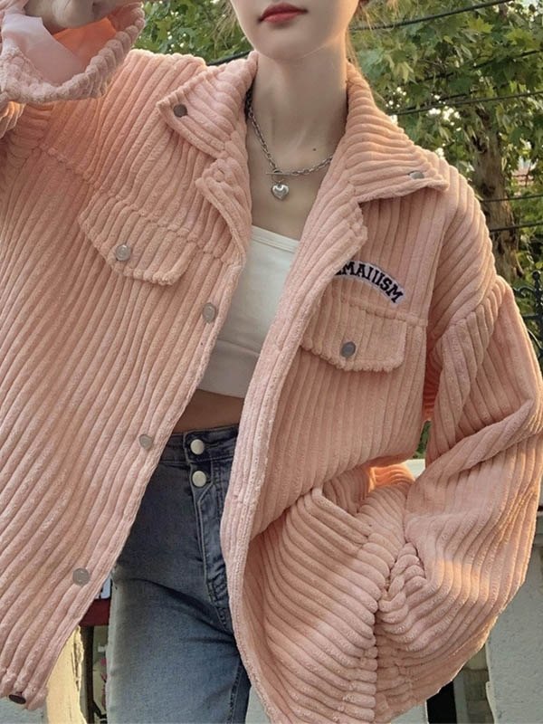 Emmiol Free shipping 2025 Logo Embroidery Button Down Corduroy Jacket Pink S in Jackets & Coats ...