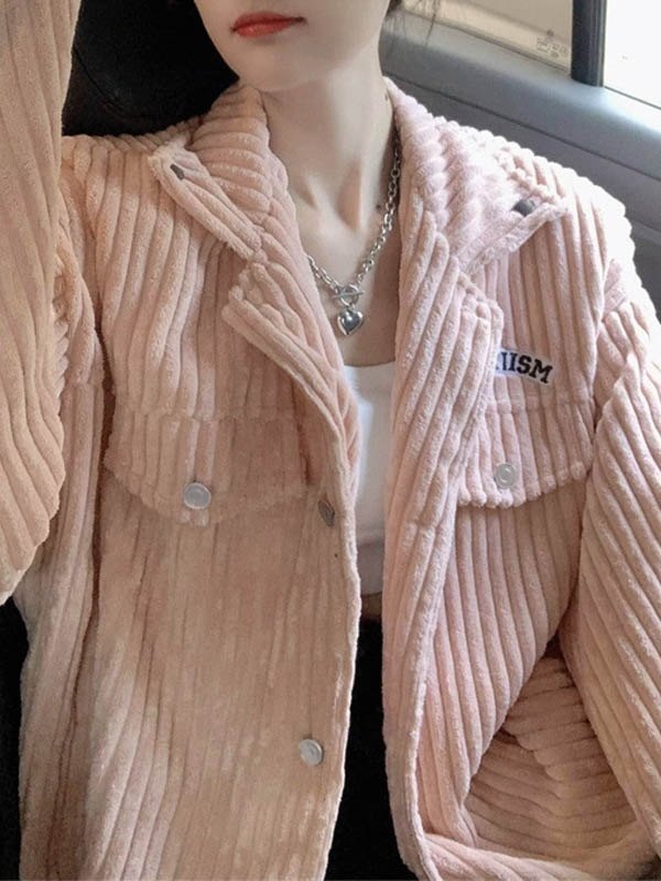 Emmiol Free shipping 2025 Logo Embroidery Button Down Corduroy Jacket Pink S in Jackets & Coats ...