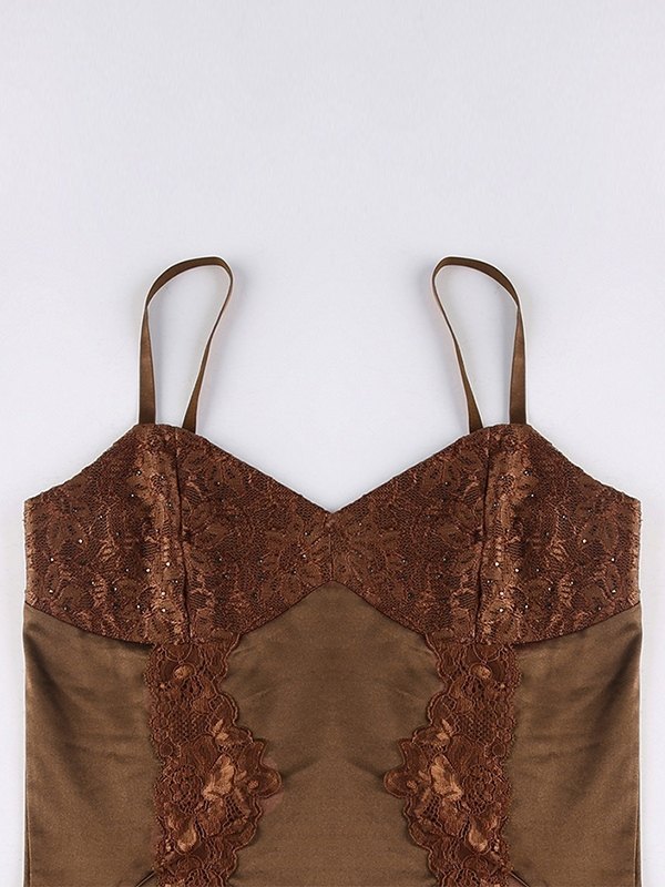 Emmiol Free shipping 2025 Lace Paneled Satin Brown Cami Top Brown M in ...