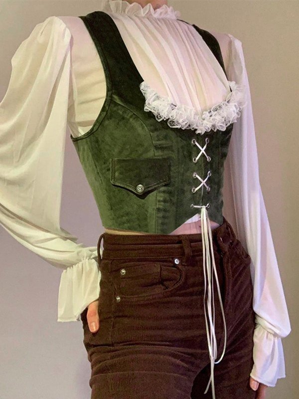 Emmiol Free shipping 2024 Lace Trim Tie Front Velvet Corset Top Green L ...