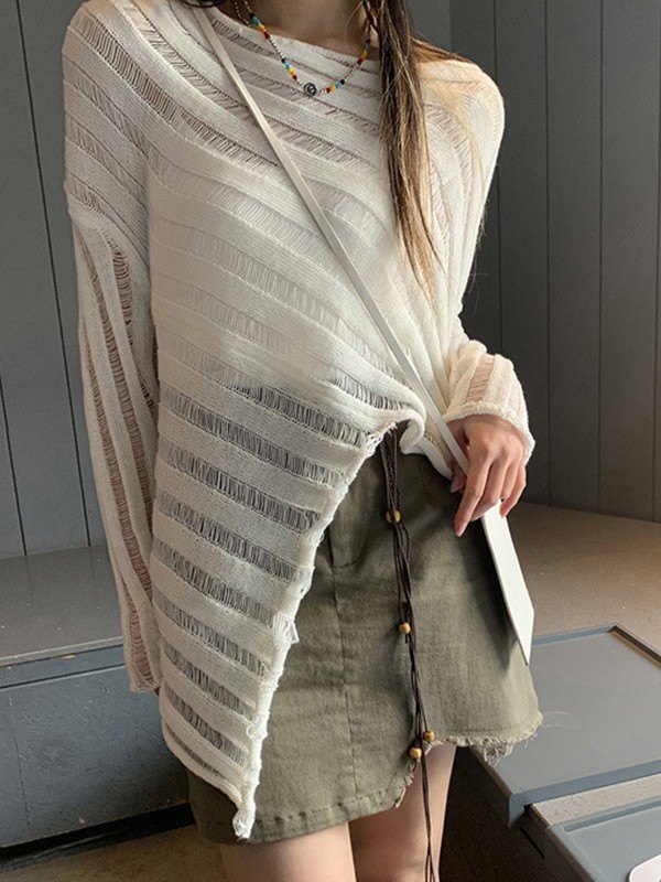 Emmiol Free shipping 2026 Split White Striped Long Knit Top White ONE ...