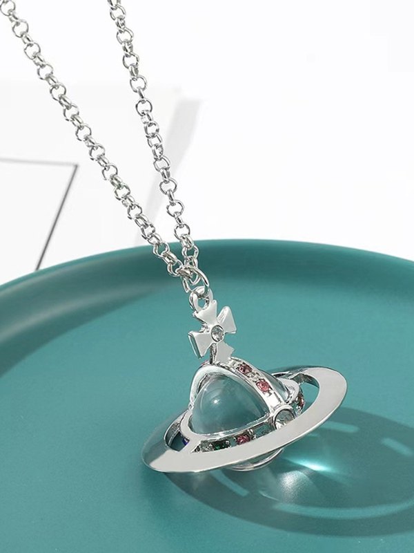 Emmiol Free shipping 2024 Rhinestone Planet Pendant Necklace Silver ONE ...