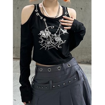 Emmiol Free shipping 2025 Metal Chain Cold Shoulder Long Sleeve Crop ...