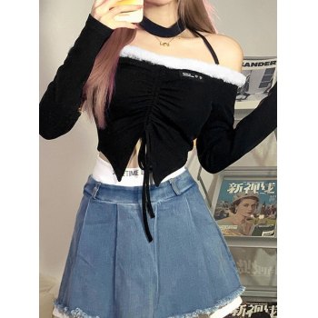 Emmiol Free shipping 2025 Halter Off Shoulder Long Sleeve Crop Top ...