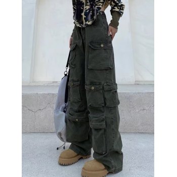 Emmiol Free shipping 2025 Function Pocket Baggy Cargo Pants Chive L in ...