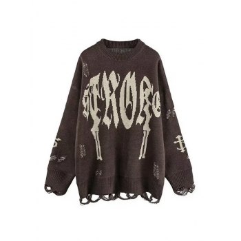 Emmiol Free shipping 2026 Gothic Letter Distressed Pullover Sweater ...