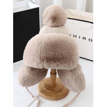Emmiol Free shipping 2025 Warm Knitted Fuzzy Trapper Hat Beige ONE SIZE ...