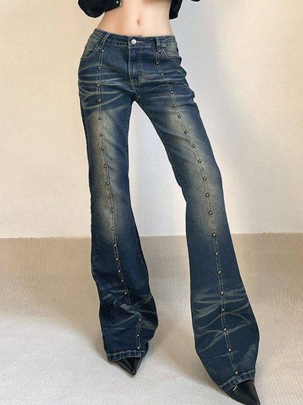 Emmiol Free shipping 2024 Rivet Embellish Y2K Flare Jeans Blue S in Flare Jeans online store ...