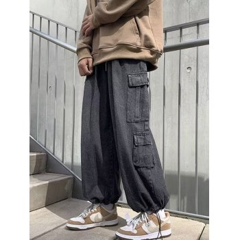 Emmiol Free shipping 2025 Men's Function Pocket Loose Cargo Jeans Black ...