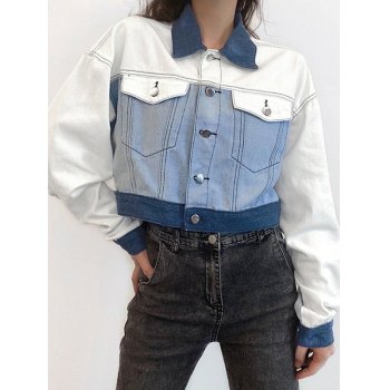 Emmiol Free shipping 2026 Color Block Cropped Denim Jacket Blue S in ...