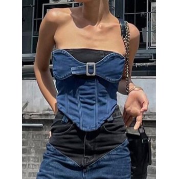 Emmiol Free shipping 2026 Patchwork Strapless Denim Corset Top Blue S ...