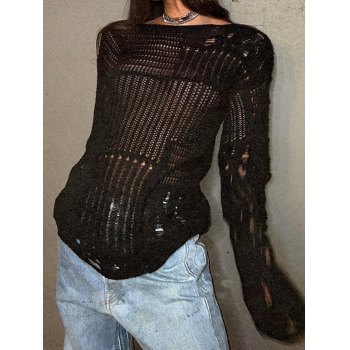 Emmiol Free shipping 2025 Distressed Crochet Knit Top Black L in ...