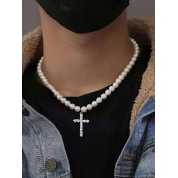 Emmiol Free shipping 2026 Men's Rhinestone Cross Pendant Faux Pearl ...