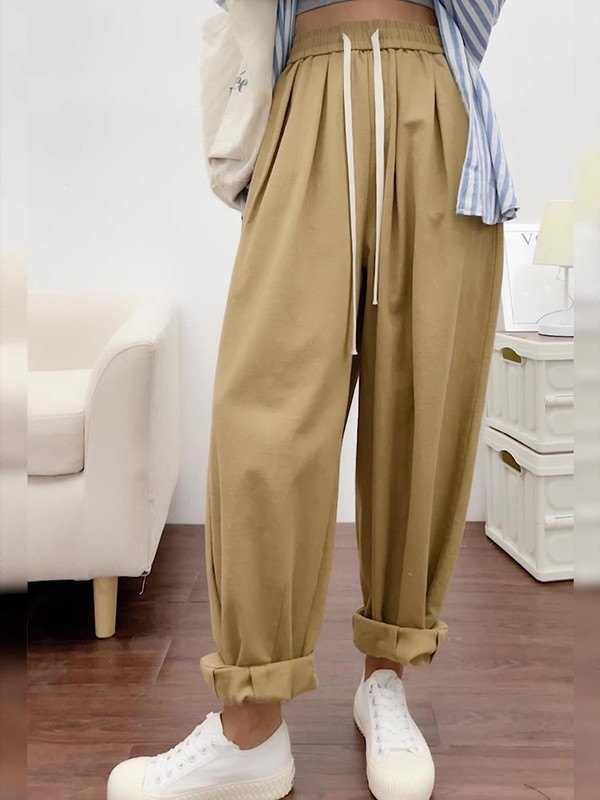 Emmiol Free Shipping 2023 Cotton Blend Baggy Casual Cargo Pants Apricot