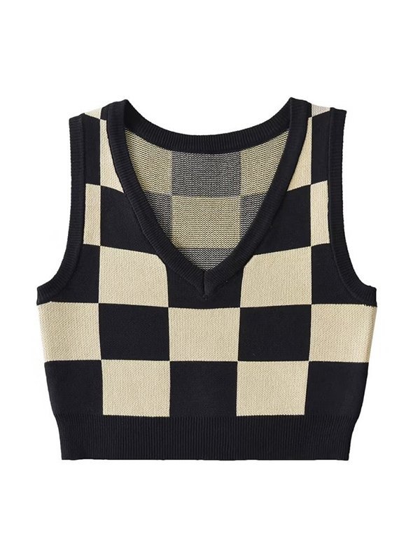 Emmiol Free shipping 2025 Checkered Knit Cropped Tank Top Khaki S in ...