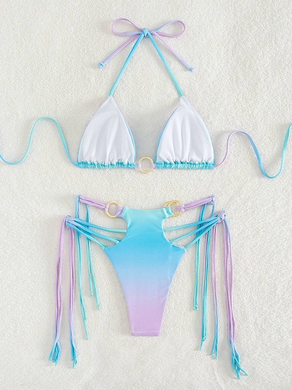 Emmiol Free shipping 2025 Printed O Ring String Bikini Set Blue S in ...