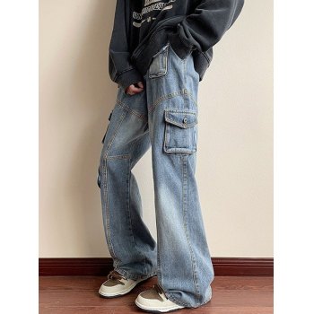 Emmiol Free shipping 2026 Men's Multi Pocket Straight Leg Cargo Jeans Blue XL in Cargo Jeans ...