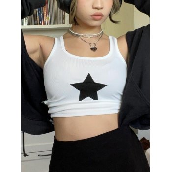 Emmiol Free shipping 2025 Star Embroidered Rib Cropped Tank Top White S ...