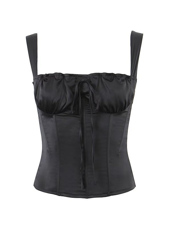 Emmiol Free shipping 2023 Ruched Tie Front Corset Top Black S in Corset ...