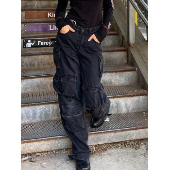 Emmiol Free shipping 2025 Function Pocket Boyfriend Cargo Jeans Black S ...