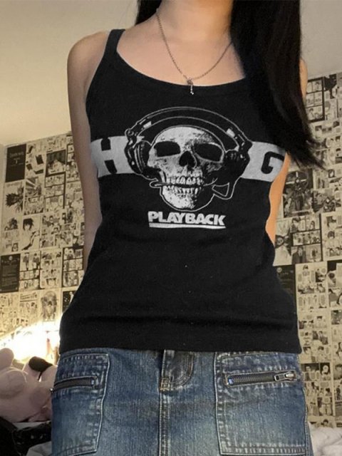 Emmiol Free shipping 2023 Gothic Punk Skull Print Tank Top Black S in ...