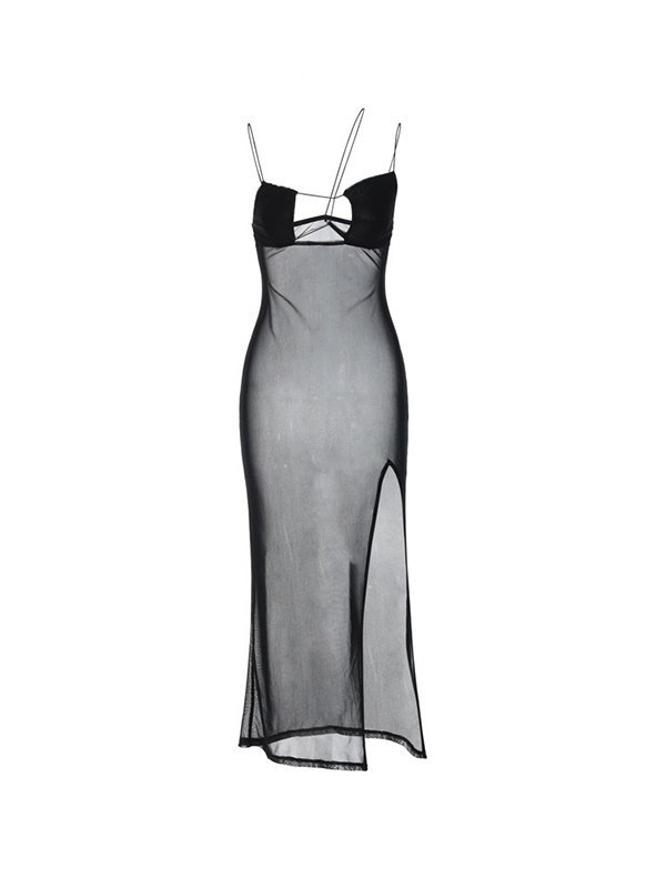 Emmiol Free shipping 2026 High Slit Cutout Mesh Slip Maxi Dress Black M ...