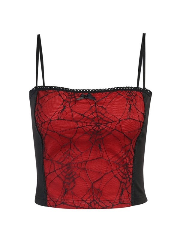 Emmiol Free shipping 2025 Patchwork Cobweb Mesh Crop Cami Top Red S in ...