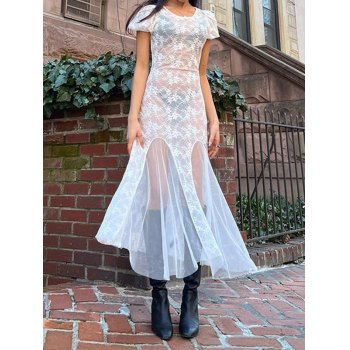 Emmiol Free shipping 2025 Mesh Lace Perspective Maxi Dresses White S in ...