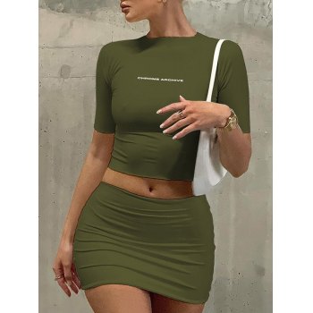 Emmiol Free shipping 2025 Short Sleeve Crop Top & Mini Skirt Set Chive ...