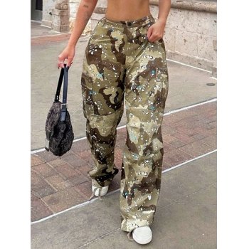 Emmiol Free shipping 2025 Splash Camo Straight Leg Cargo Pants Chive M ...