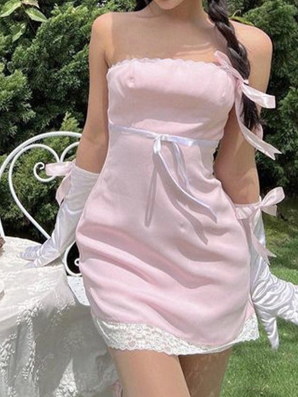 Emmiol Free shipping 2025 Bowknot Lace Tube Top Mini Dresses Pink L in ...