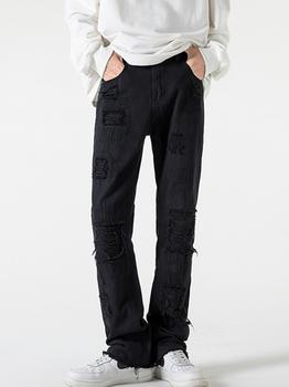 Emmiol Free shipping 2025 Men's Irregular Ripped Burr Straight Leg Jean ...