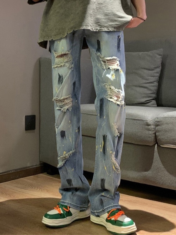 Emmiol Free shipping 2025 Men's Splash Ink Graffiti Ripped Straight Leg ...