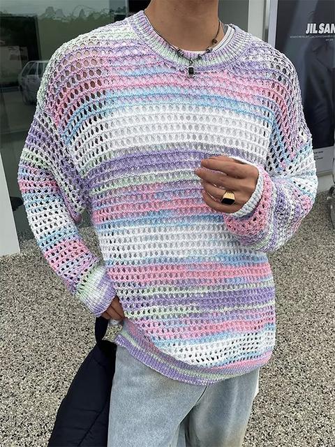 Emmiol Free shipping 2023 Men's Color Block Striped Distressed Sweater ...