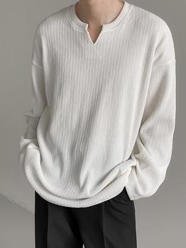 Emmiol Free shipping 2025 Men's Solid Notched Neck Ribbed Long Sleeve ...