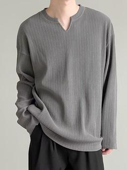 Emmiol Free shipping 2024 Men's Solid Notched Neck Ribbed Long Sleeve ...