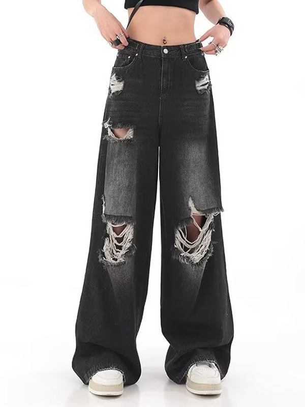 Emmiol Free shipping 2024 Washed Black Ripped Boyfriend Jeans Black XL ...