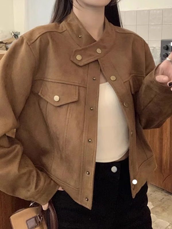 Emmiol Free shipping 2026 Vintage Brown Breasted Short Jacket Coffee ...