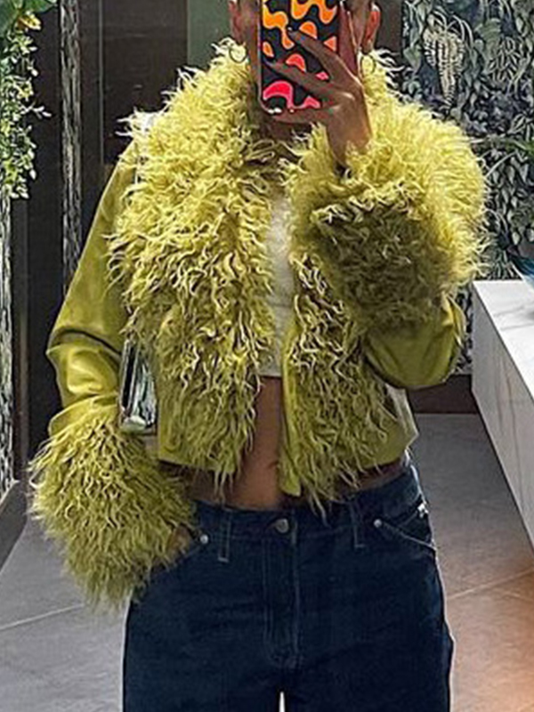 Emmiol Free shipping 2026 Solid Fuzzy Collar Slim Leather Jacket Green ...