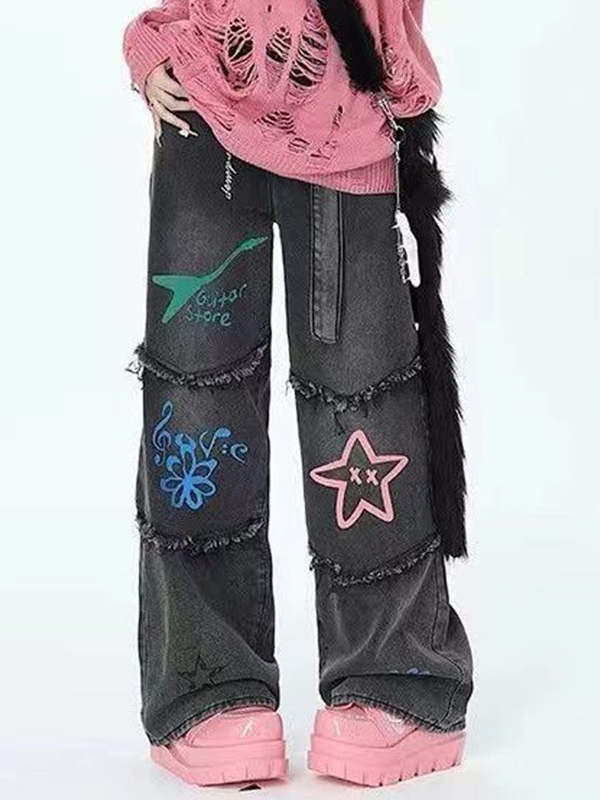 Emmiol Free shipping 2026 Graffiti Print Raw Trim Boyfriend Jeans Black ...