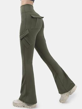 Emmiol Free shipping 2025 Solid Multi Pocket High Rise Flare Leg Pants ...