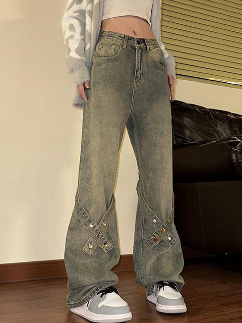Emmiol Free shipping 2024 Vintage Blue Wide Leg Boyfriend Jeans Blue M ...