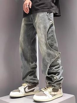 Emmiol Free shipping 2025 Men's Vintage Wash Splice Loose Jeans Blue XL ...