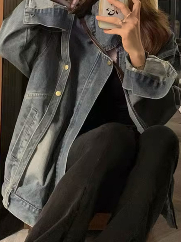 Emmiol Free shipping 2026 Vintage Snap Button Design Denim Jacket Blue ...