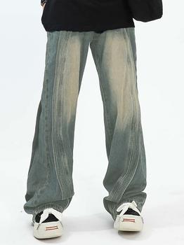 Emmiol Free shipping 2025 Men's Vintage Wash Splice Loose Jeans Blue XL ...