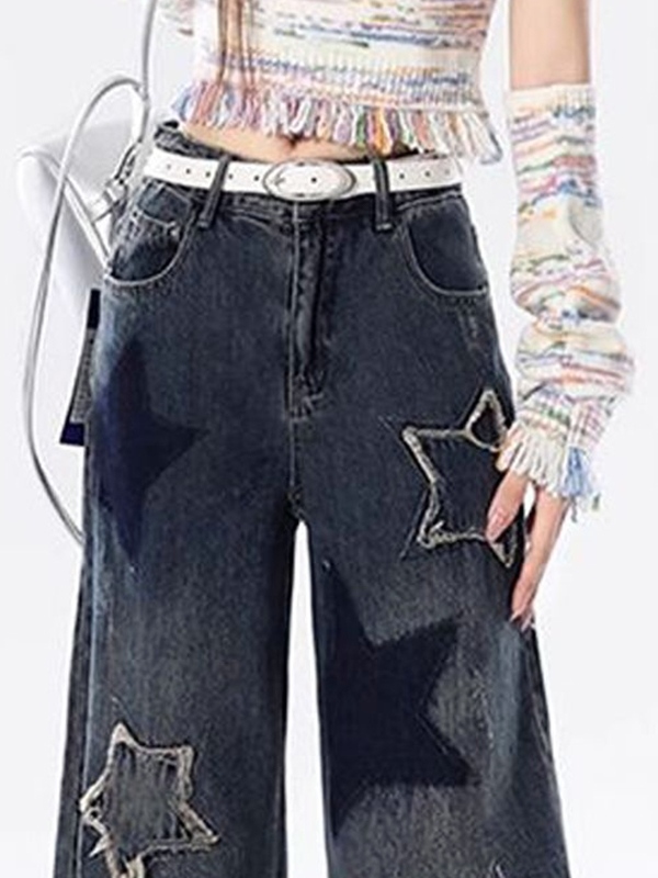 Emmiol Free shipping 2024 Vintage Star Design Boyfriend Jeans Navy Blue ...