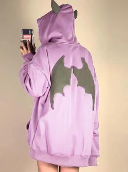 Emmiol Free shipping 2025 Devil Ear Embroidery Zip Up Hoodie Purple M ...