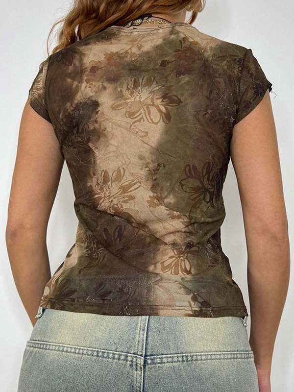 Emmiol Free shipping 2025 Vintage V Neck Mesh Print Short Sleeve Tee ...