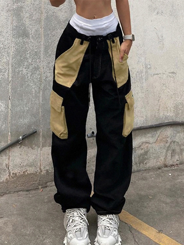 Emmiol Free shipping 2023 Contrast Color Patch Pocket Cargo Pants Black ...