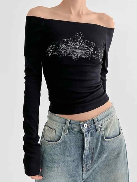 Emmiol Free shipping 2024 Off Shoulder Graphic Print Slim Long Sleeve ...